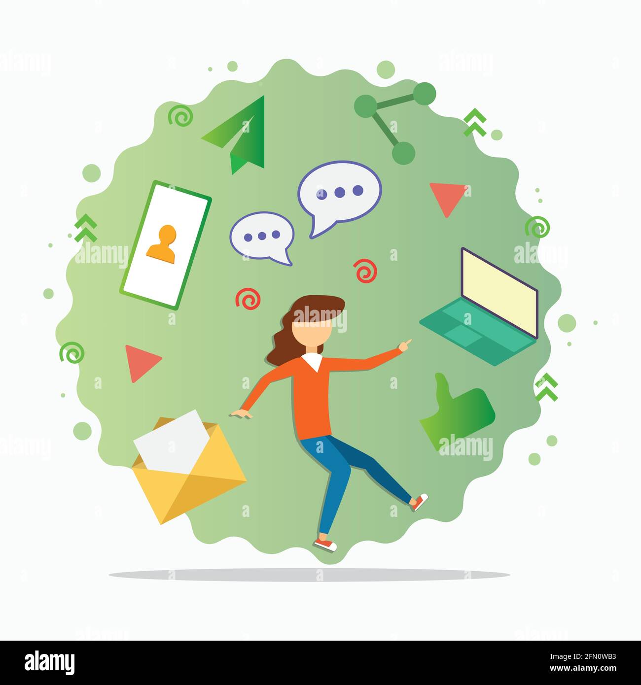 A busy woman managing multiple device and social media in modern flat ...