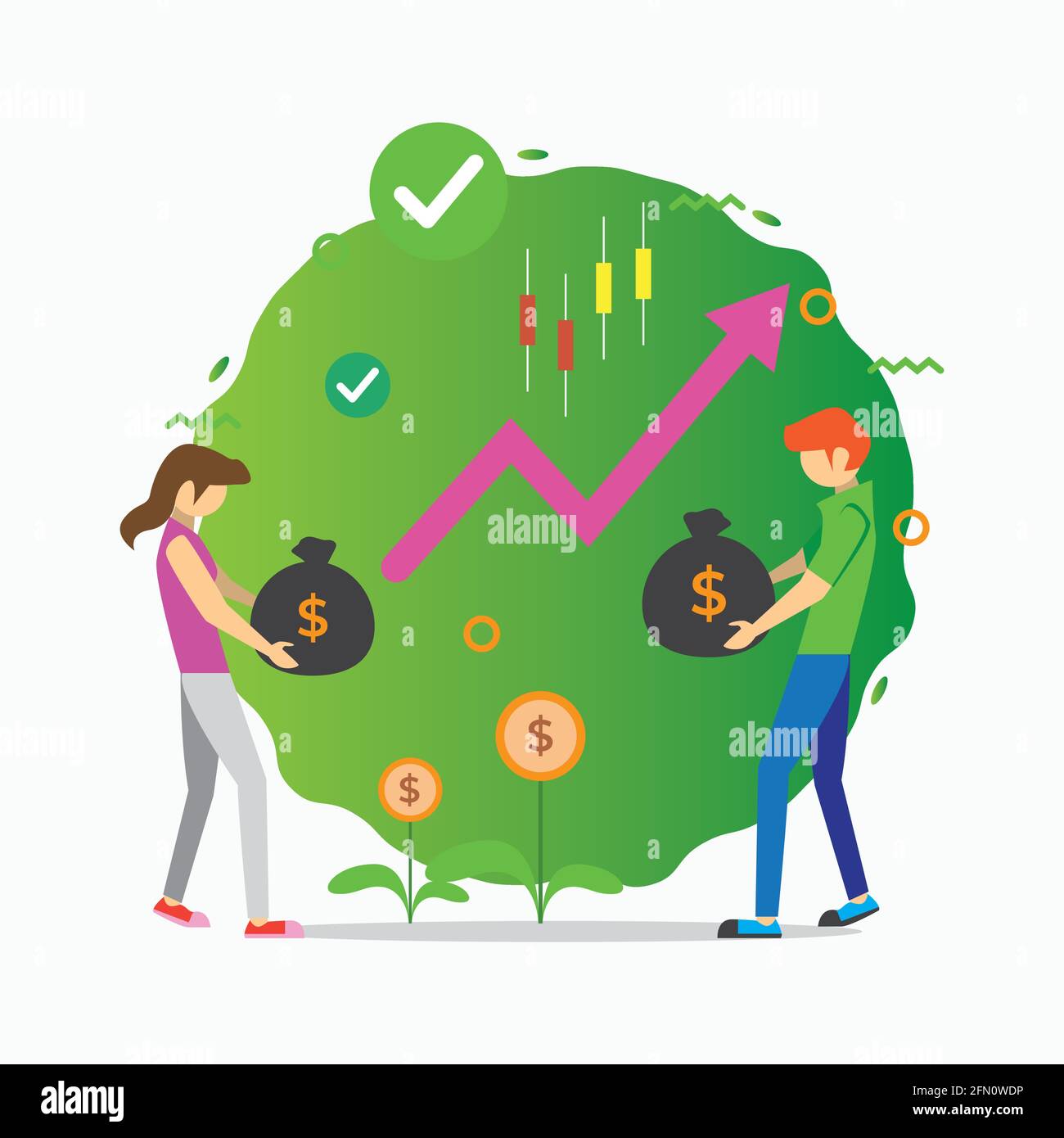 Man and woman carrying money bag for investment with flower, money ...