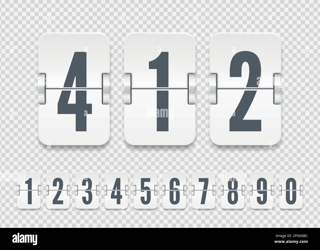 Vector white scoreboard numbers with shadows for flip countdown timer or calendar on transparent ...
