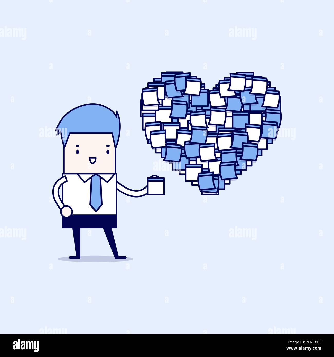 Businessman with Heart shape sticky notes. Cartoon character thin line ...