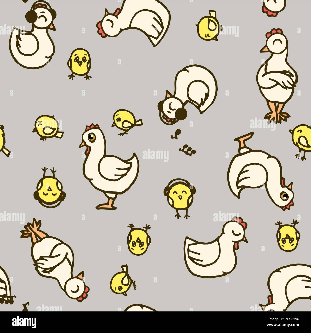 Chickens and chicks. Seamless illustration. Cartoon sketch style. Hand ...