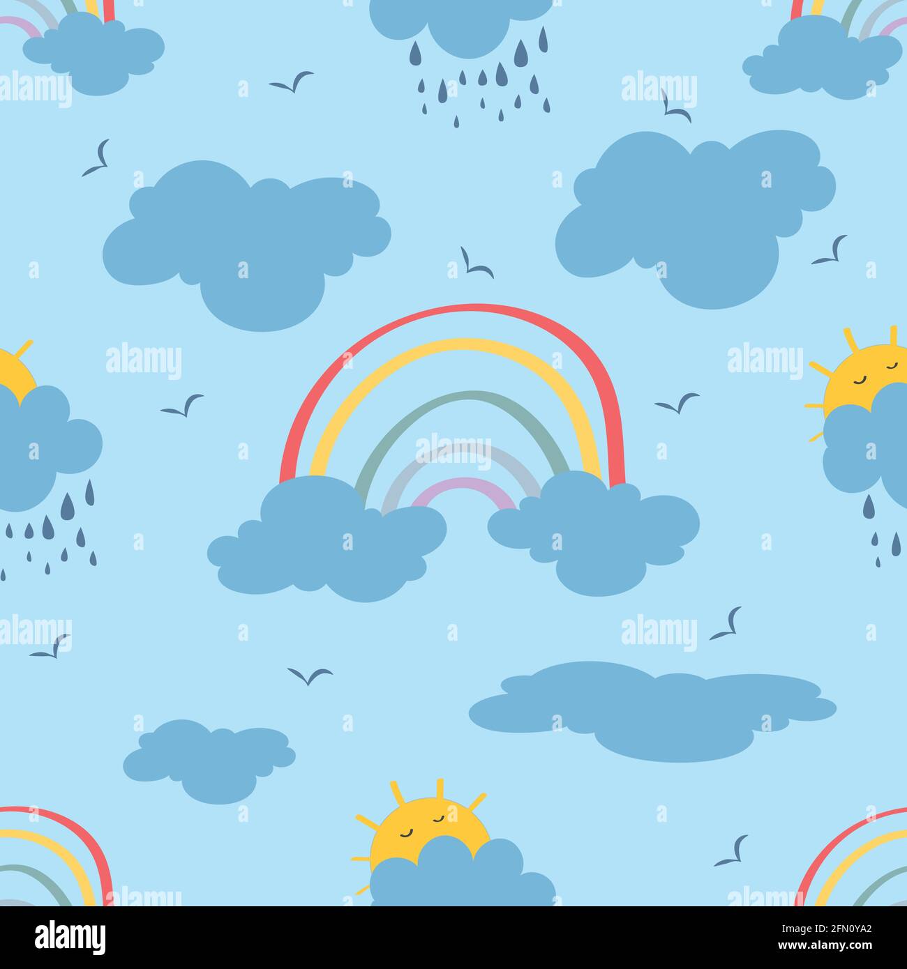 Cute clouds, sun, clouds, rainbow. Style cartoon, seamless Pattern ...