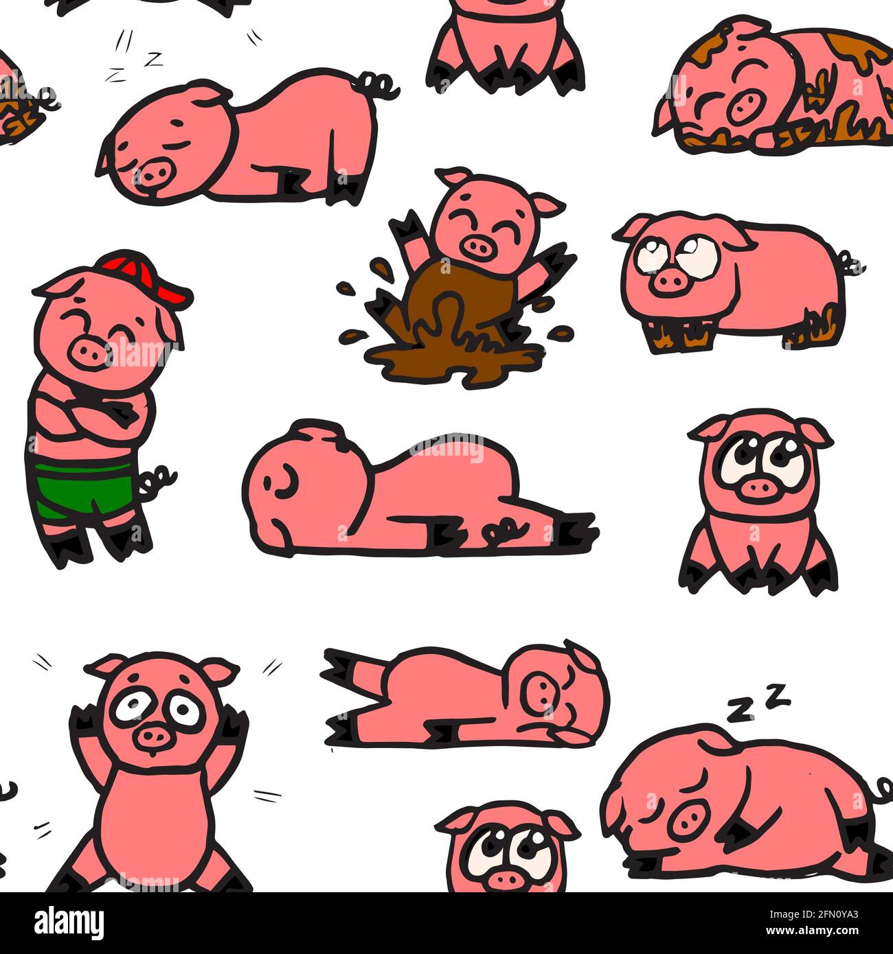 Pigs and piglets. Seamless illustration. Cartoon sketch style. Hand ...