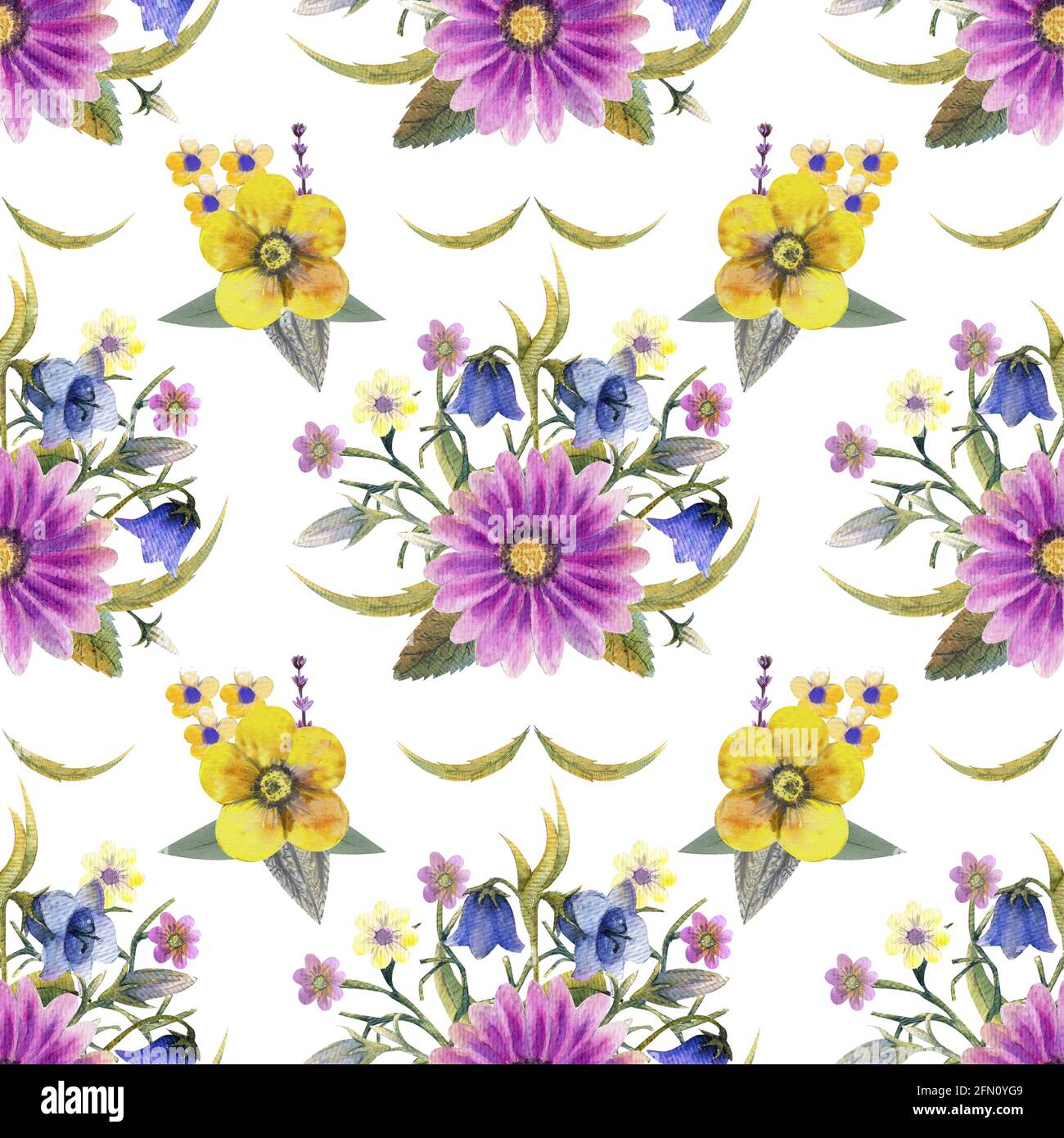 Seamless pattern with wildflowers and leaves on white background ...