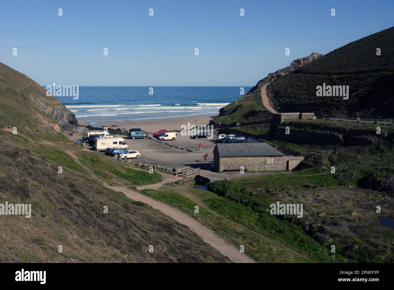 Chapel Porth, Cornwall, Devon, UK. Bay, Headlands Beach and Car Park ...