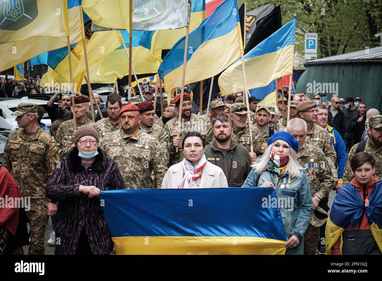 Odessa, Ukraine. 2nd May, 2021. Ukrainian nationalist hold flags during ...