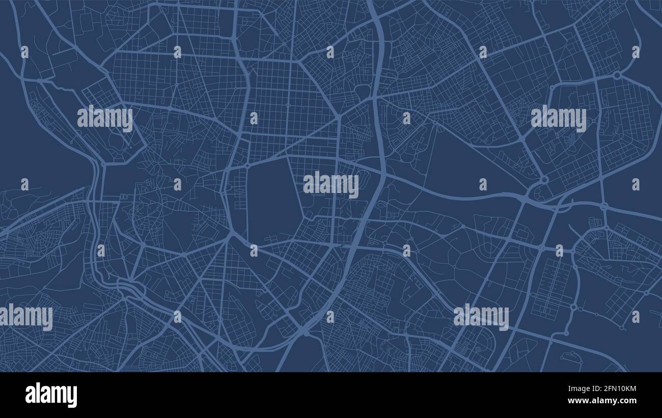 Blue Madrid city area vector background map, streets and water ...