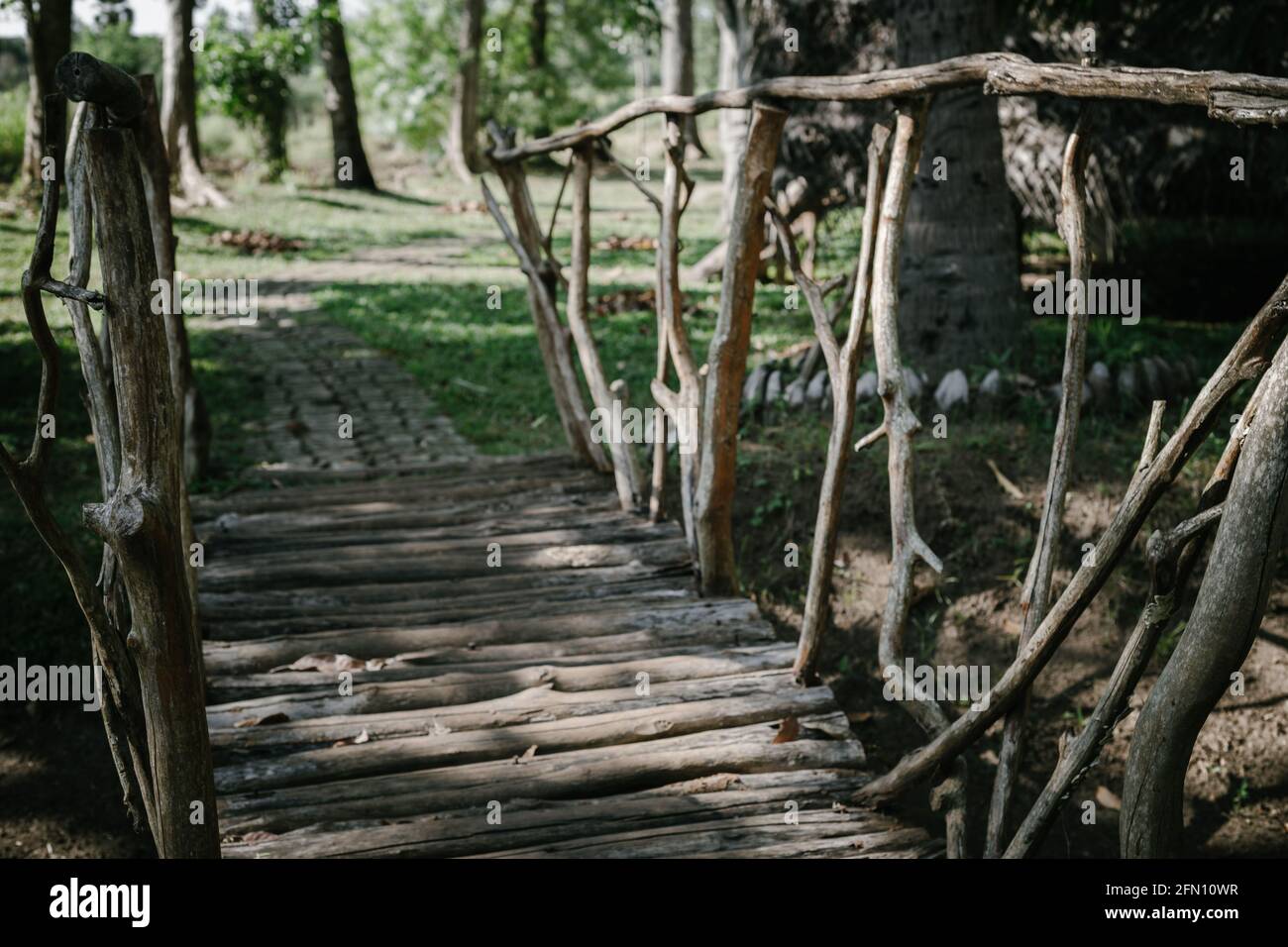 handmade bridge from tree trunks and branches Stock Photo - Alamy