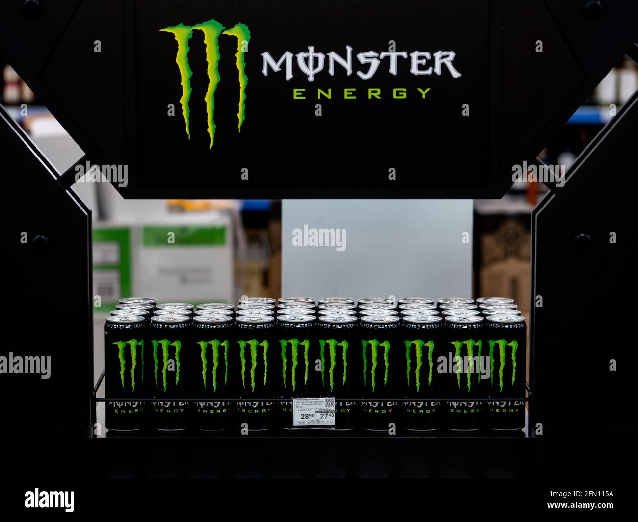 Monster Energy drink on store shelf. Monster Energy is a brand of drink ...