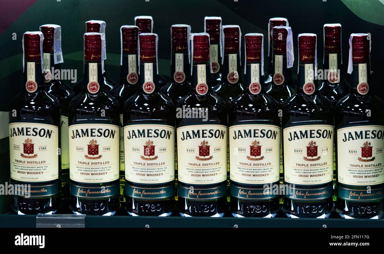 Jameson whiskey bottles in store. Jameson is a brand of traditional ...