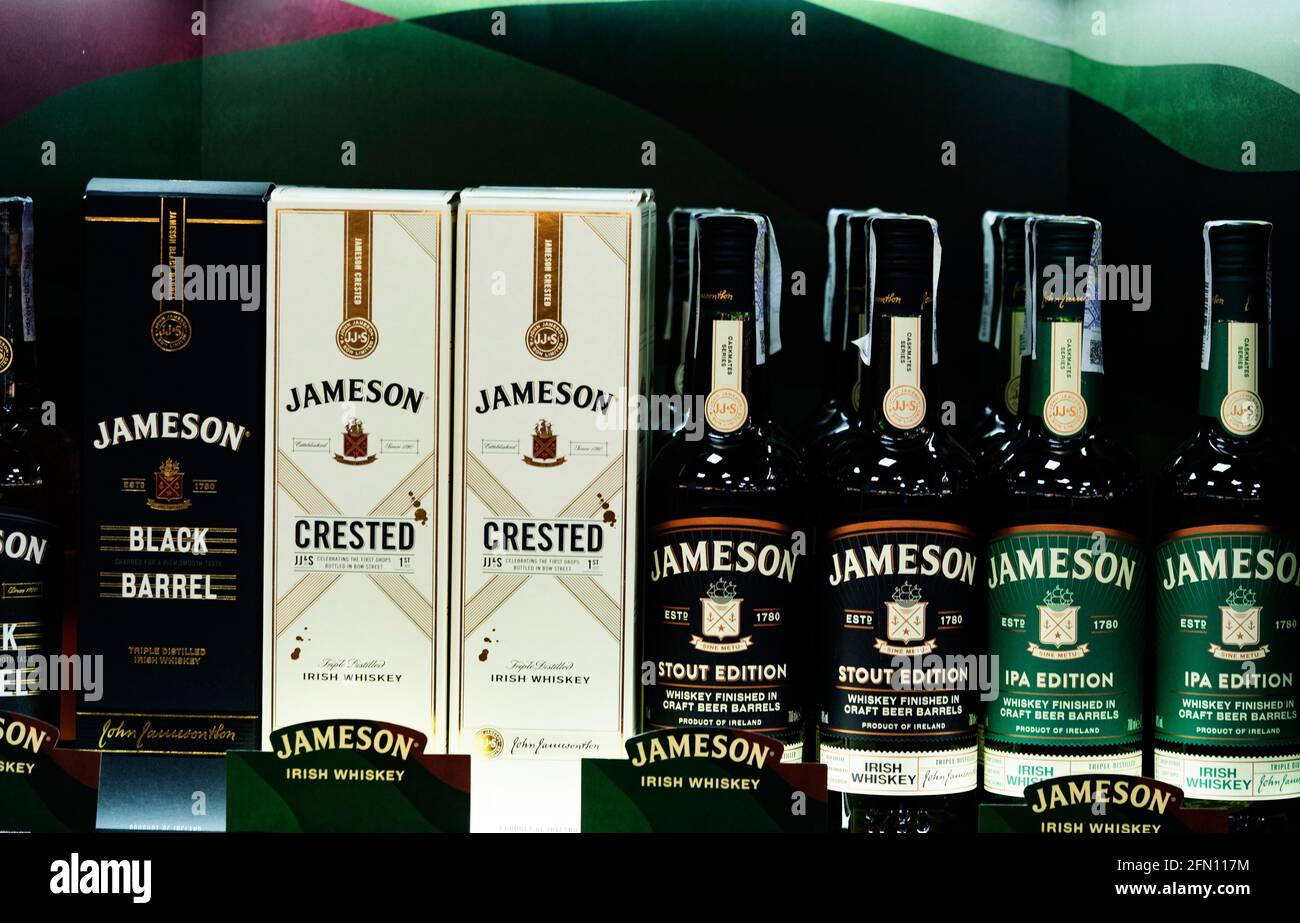 Jameson whiskey bottles in store. Jameson is a brand of traditional ...
