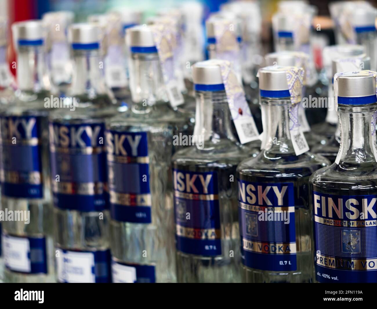 Finsky brand vodka on store shelf. Saimaa Beverages Oy Ltd is a vodka ...