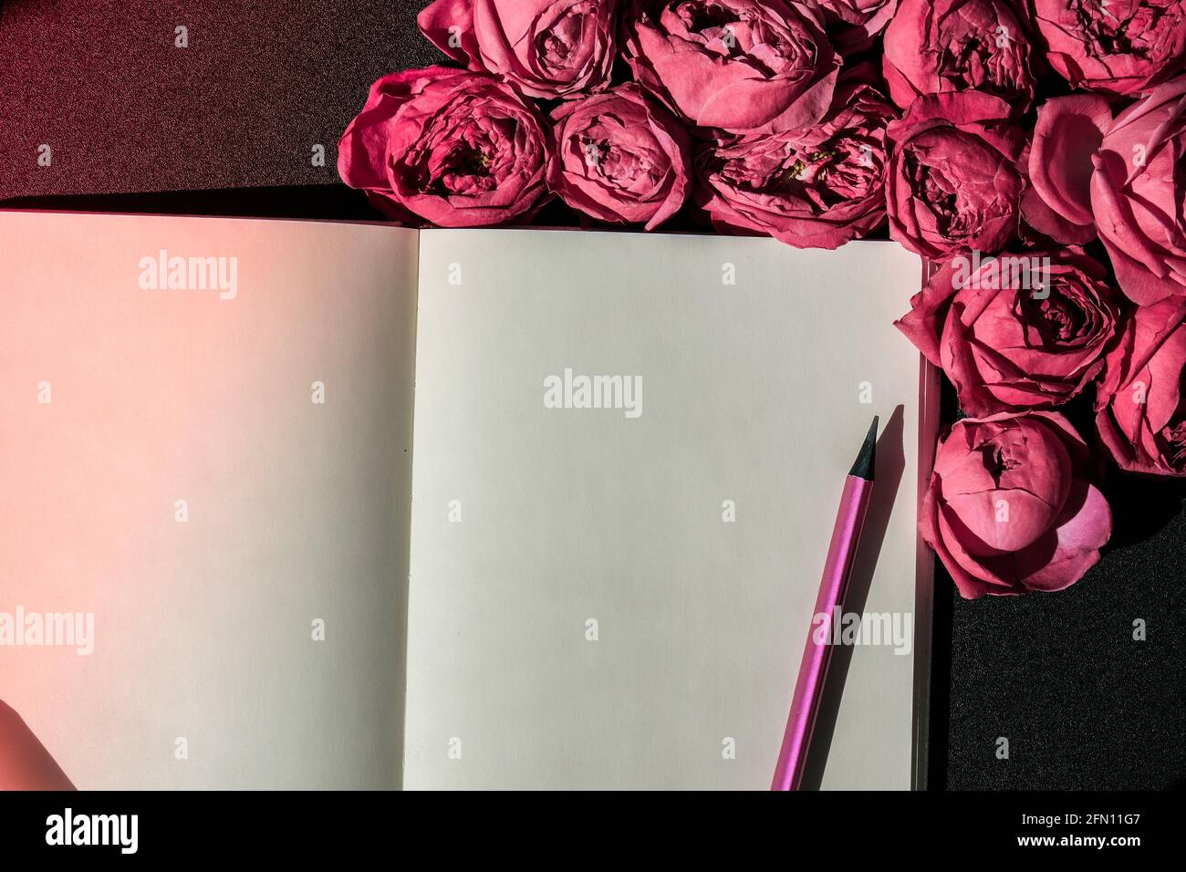 Holiday mock up, pink roses with notebook for birthday, valentines ...