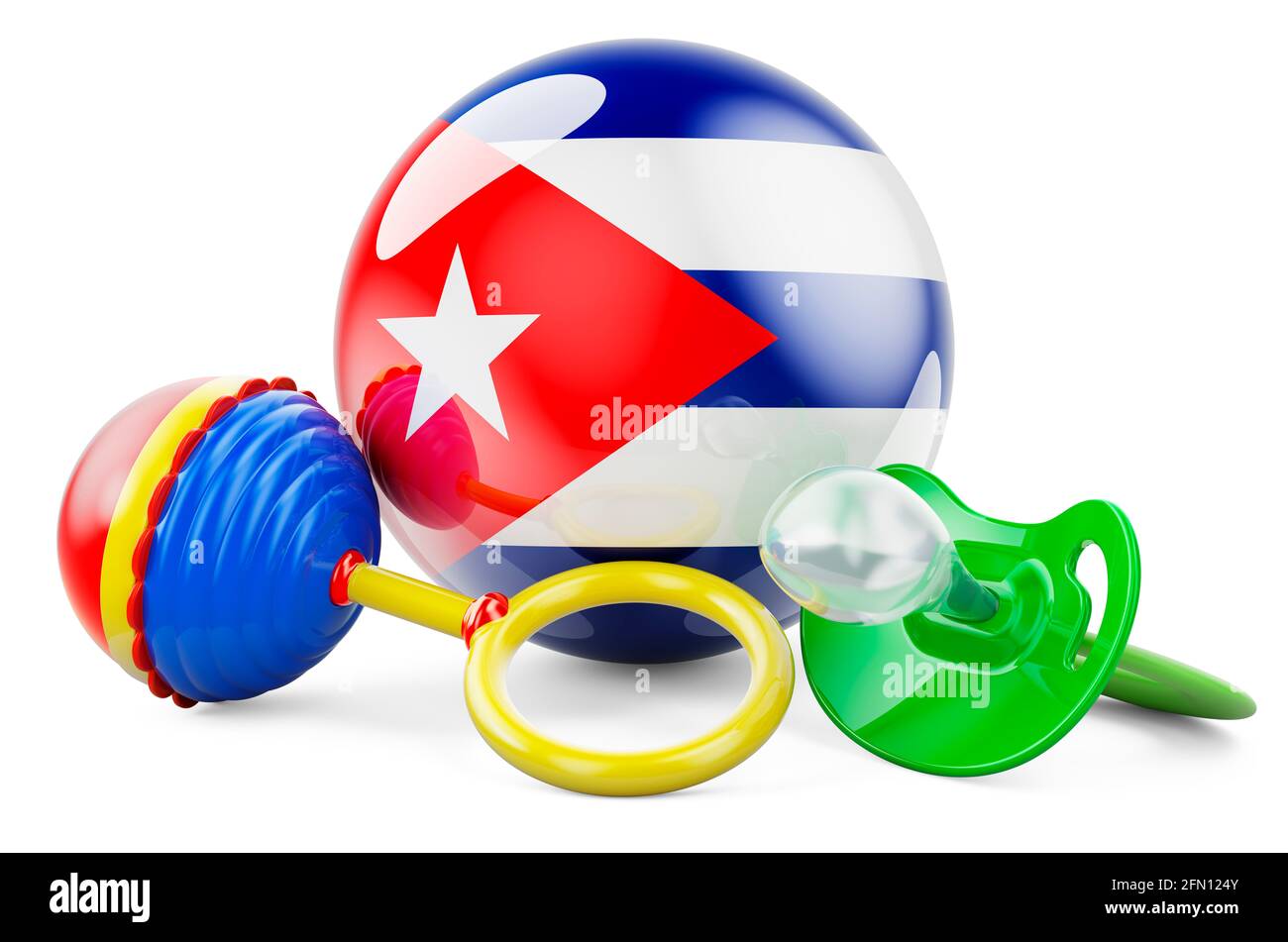 Birth rate and parenting in Cuba concept. Baby pacifier and baby rattle ...