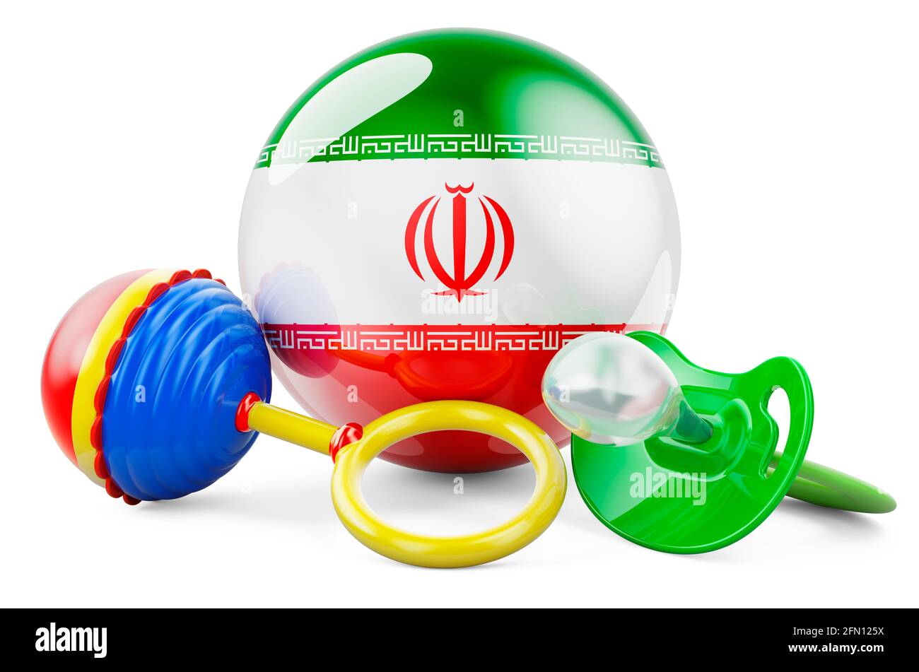 Birth rate and parenting in Iran concept. Baby pacifier and baby rattle ...