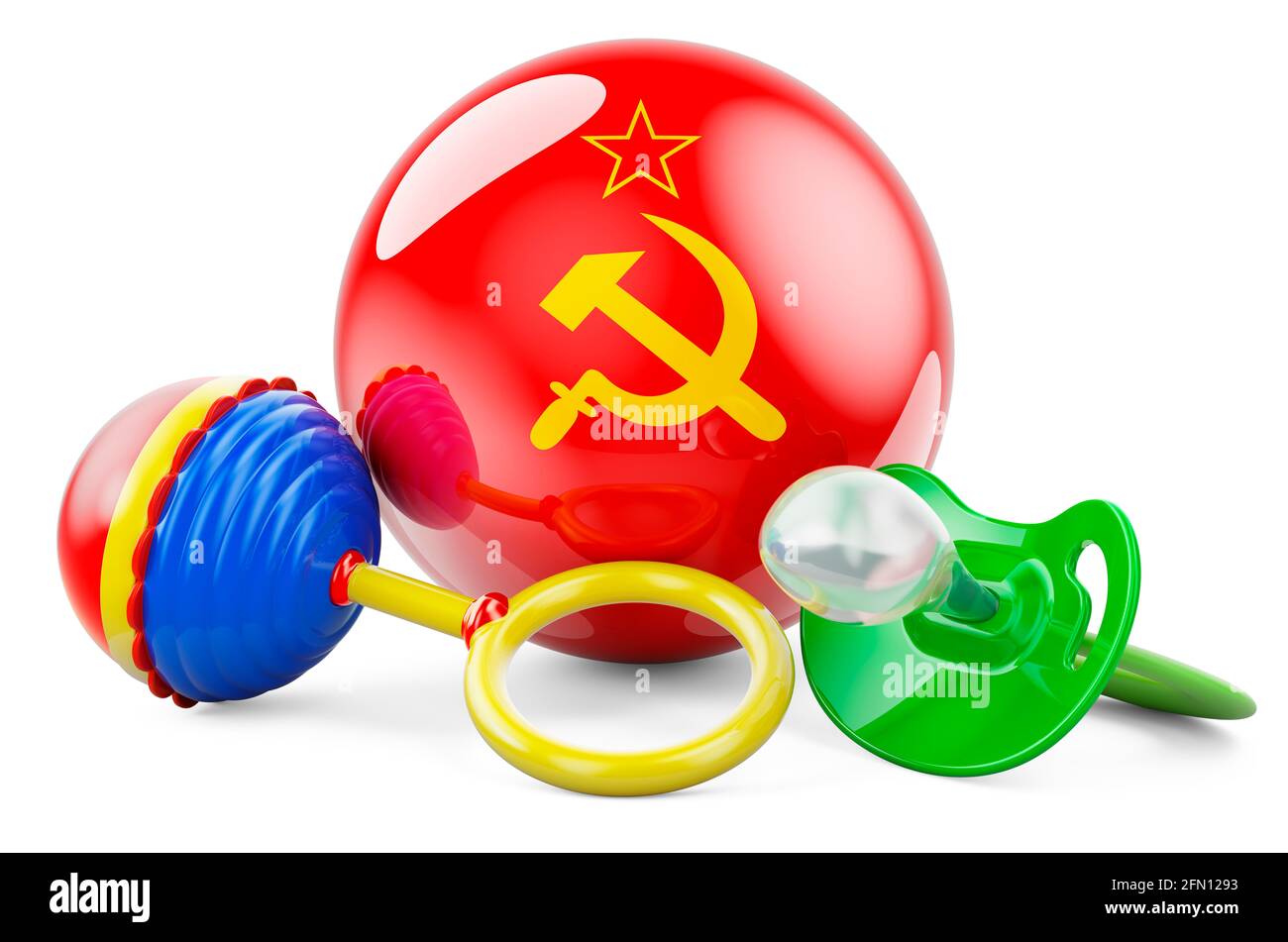 USSR flag with pacifier and baby rattle. Made in USSR, 3D rendering ...