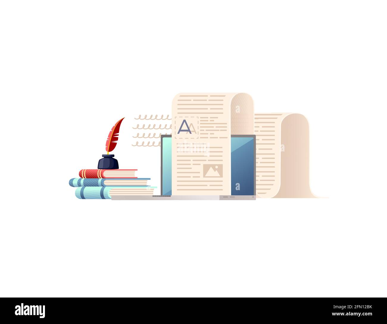 Writer's modern workplace with books feather and laptop vector ...
