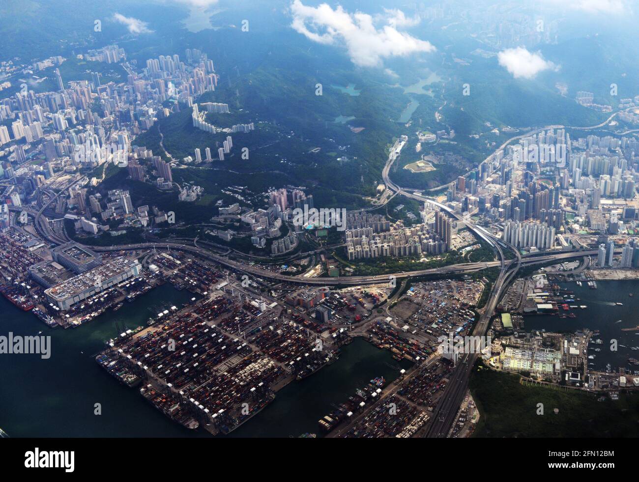 Aerial view of the Hong Kong port, Tsing Yi and Tsuen Wan Stock Photo ...