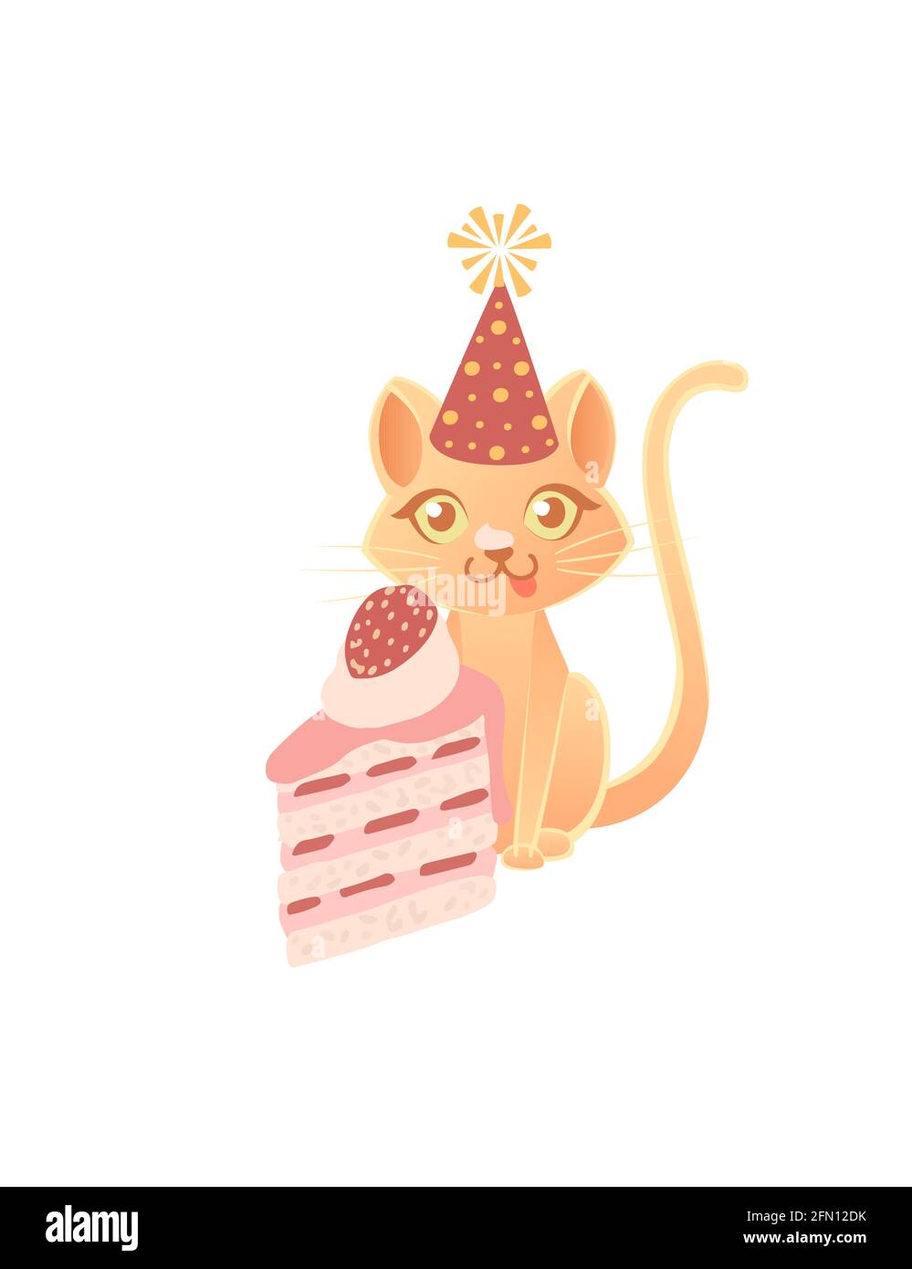 Cute cat with cone hat ready to eating tasty strawberry cake cartoon ...