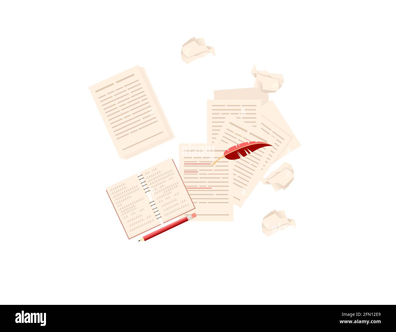 Writer's workplace with books papers and feather top view vector ...