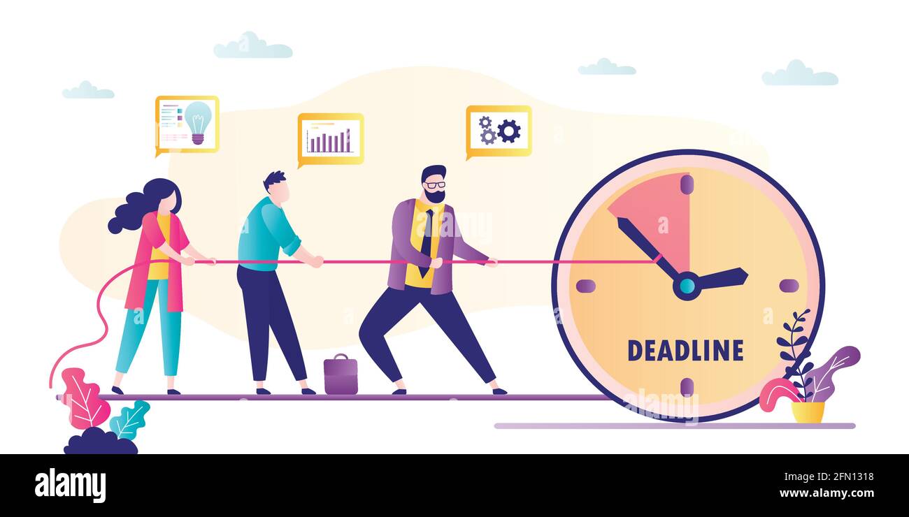 Business people stop time using rope. Big watch, deadline concept ...