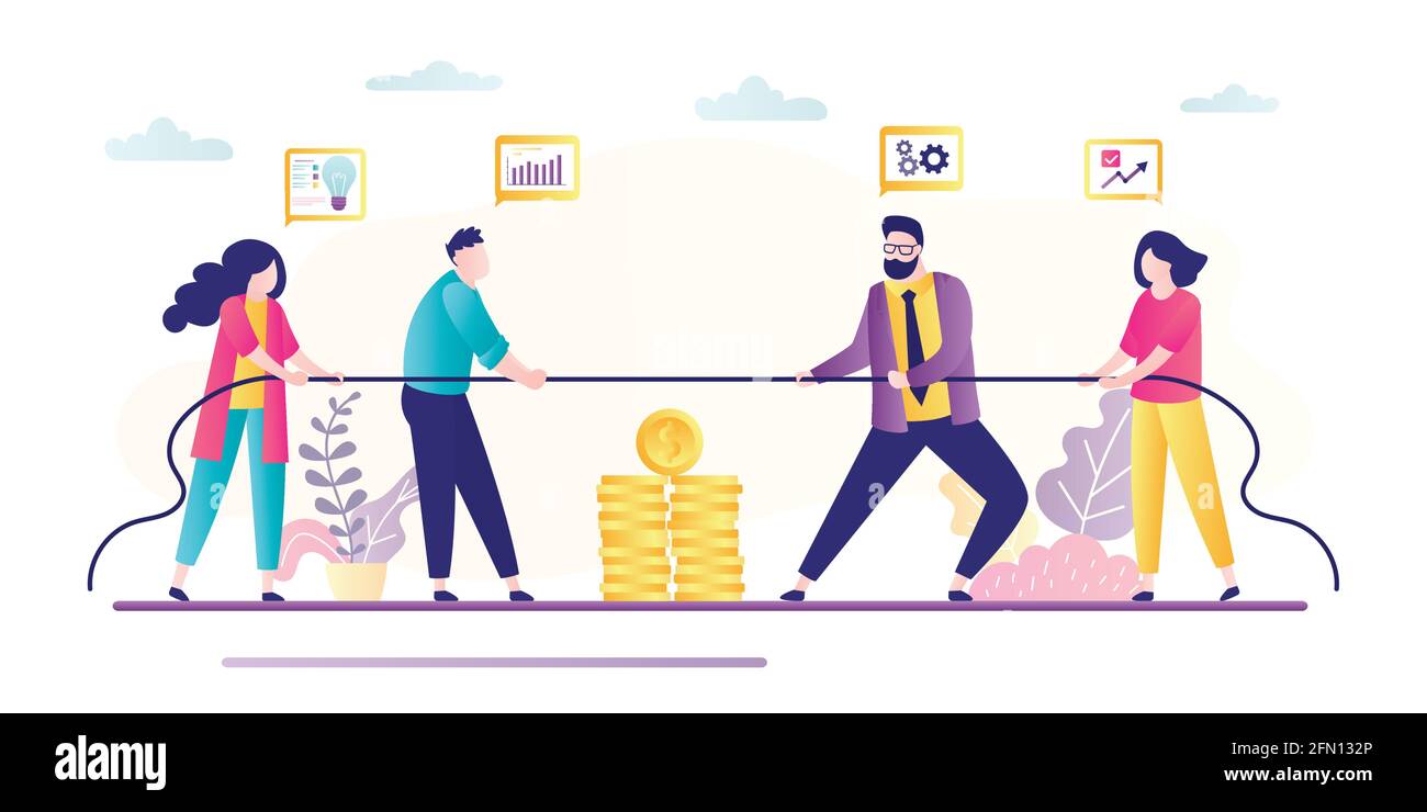 Business competition concept banner. Two groups of business people pull ...