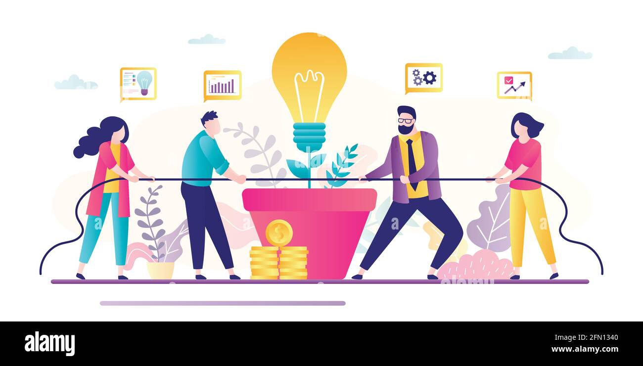 Business competition concept banner. Two groups of business people pull ...