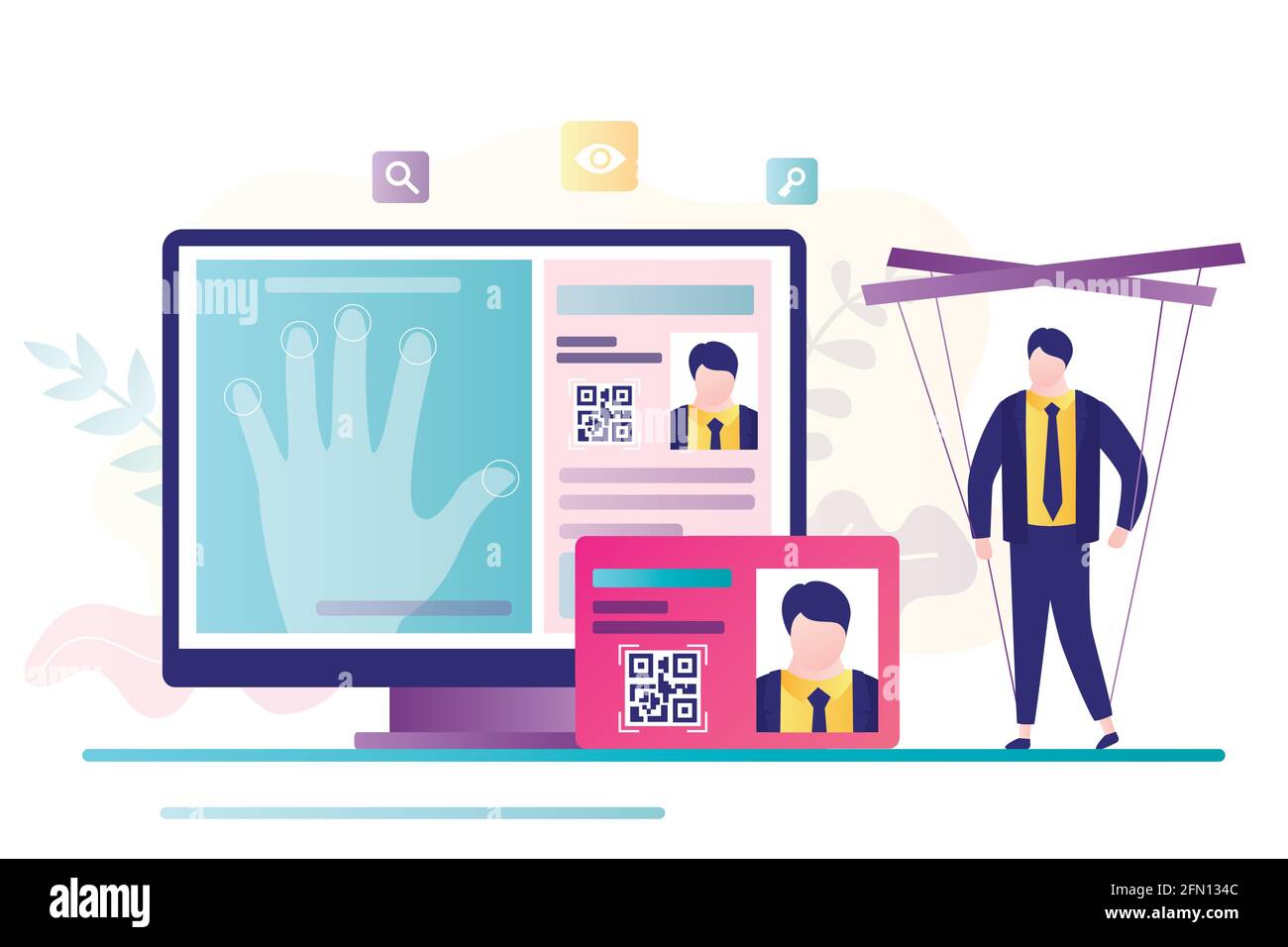 Fingerprints on the screen, digital id passport with qr code. Total ...