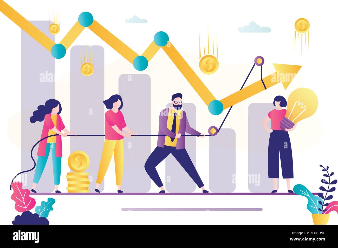 Business team with rope raise falling chart. Crisis management ...