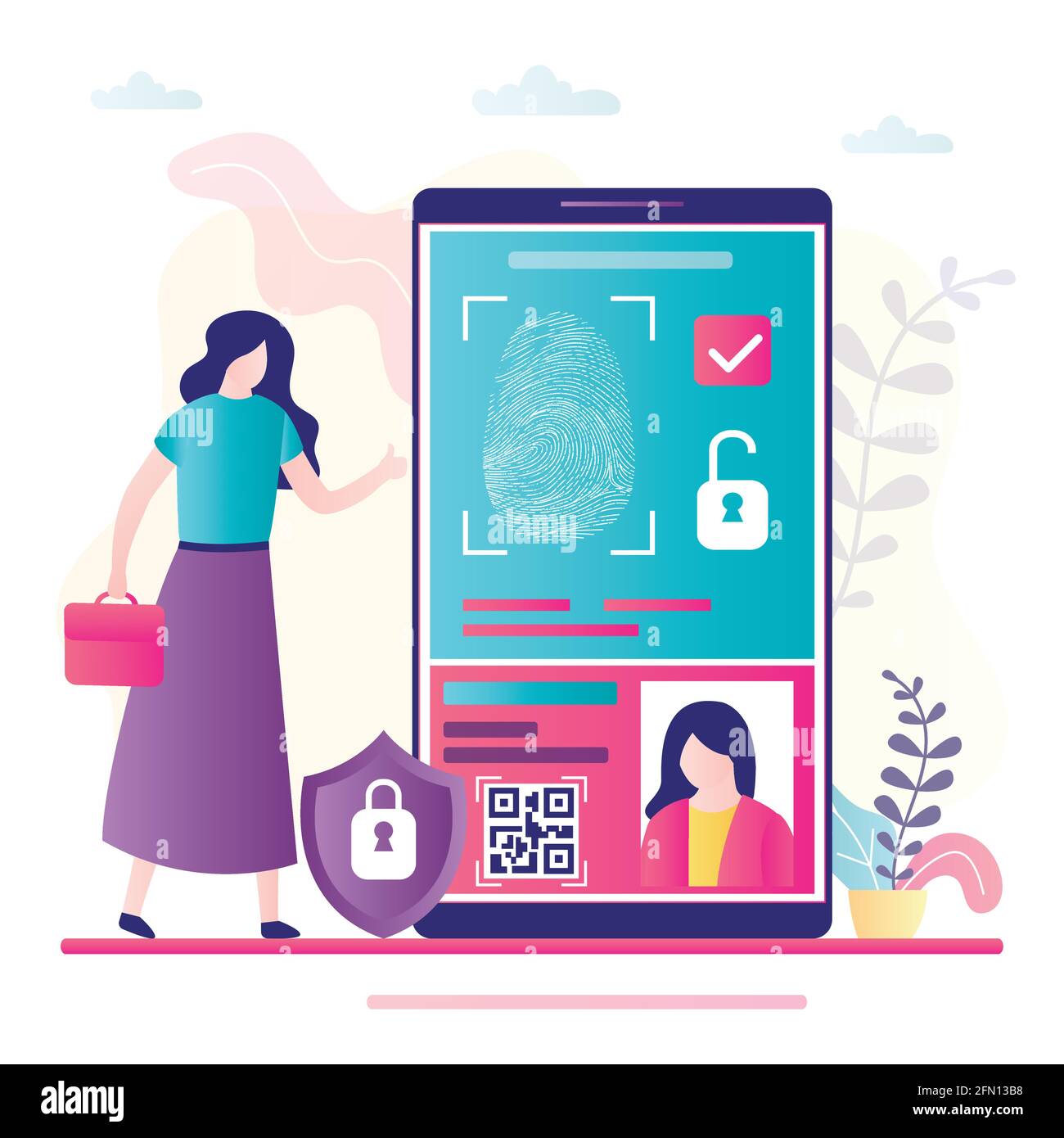 Fingerprint identification. Big mobile phone, businesswoman puts finger ...