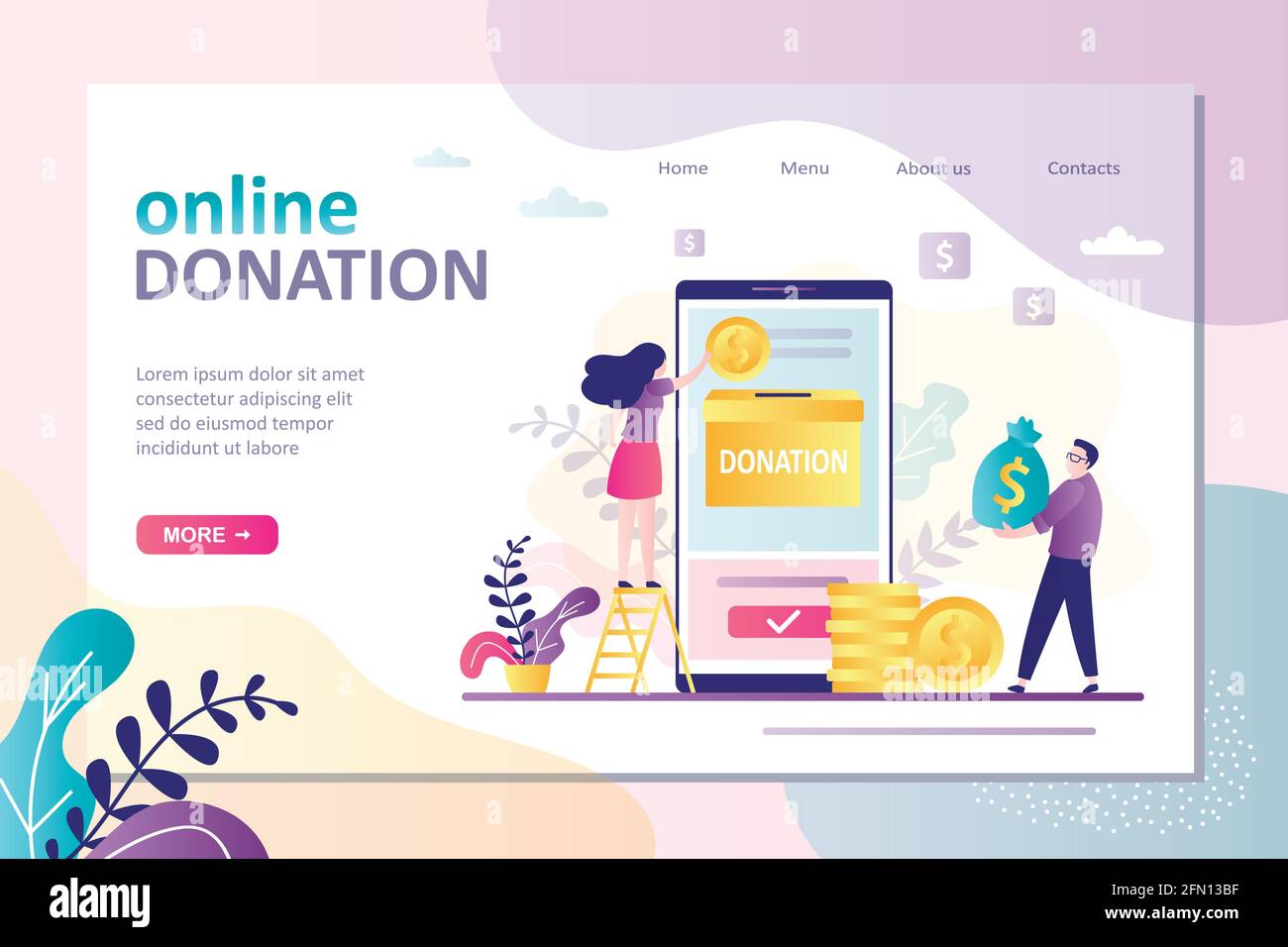 Cartoon characters donate money by online payments. Charity fundraising and support for those in ...