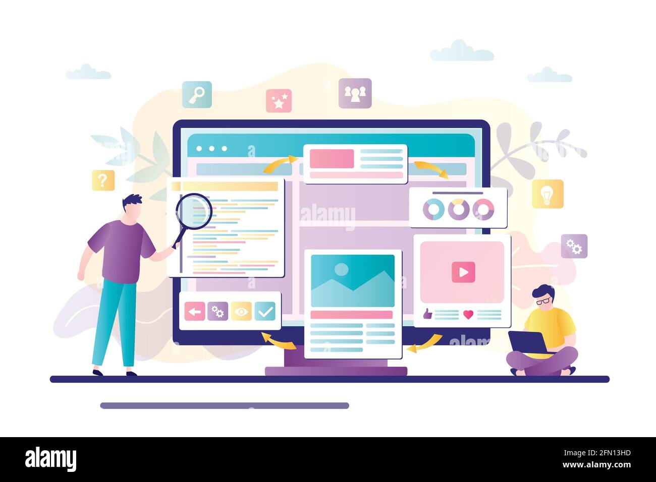 Two businessman builds and develop web page design on monitor. Teamwork ...