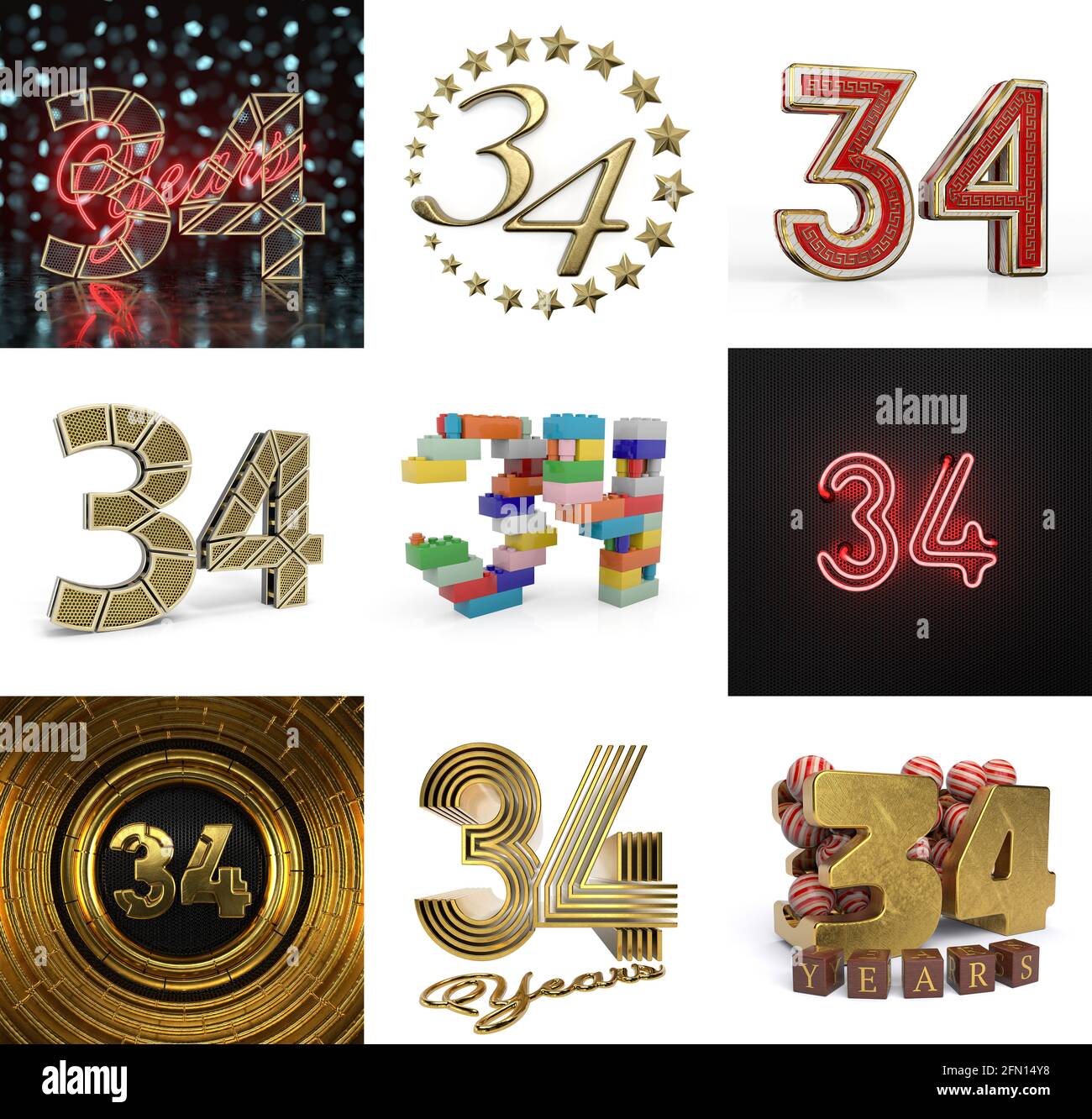 Set of thirty-four year birthday. Number 34 graphic design element ...
