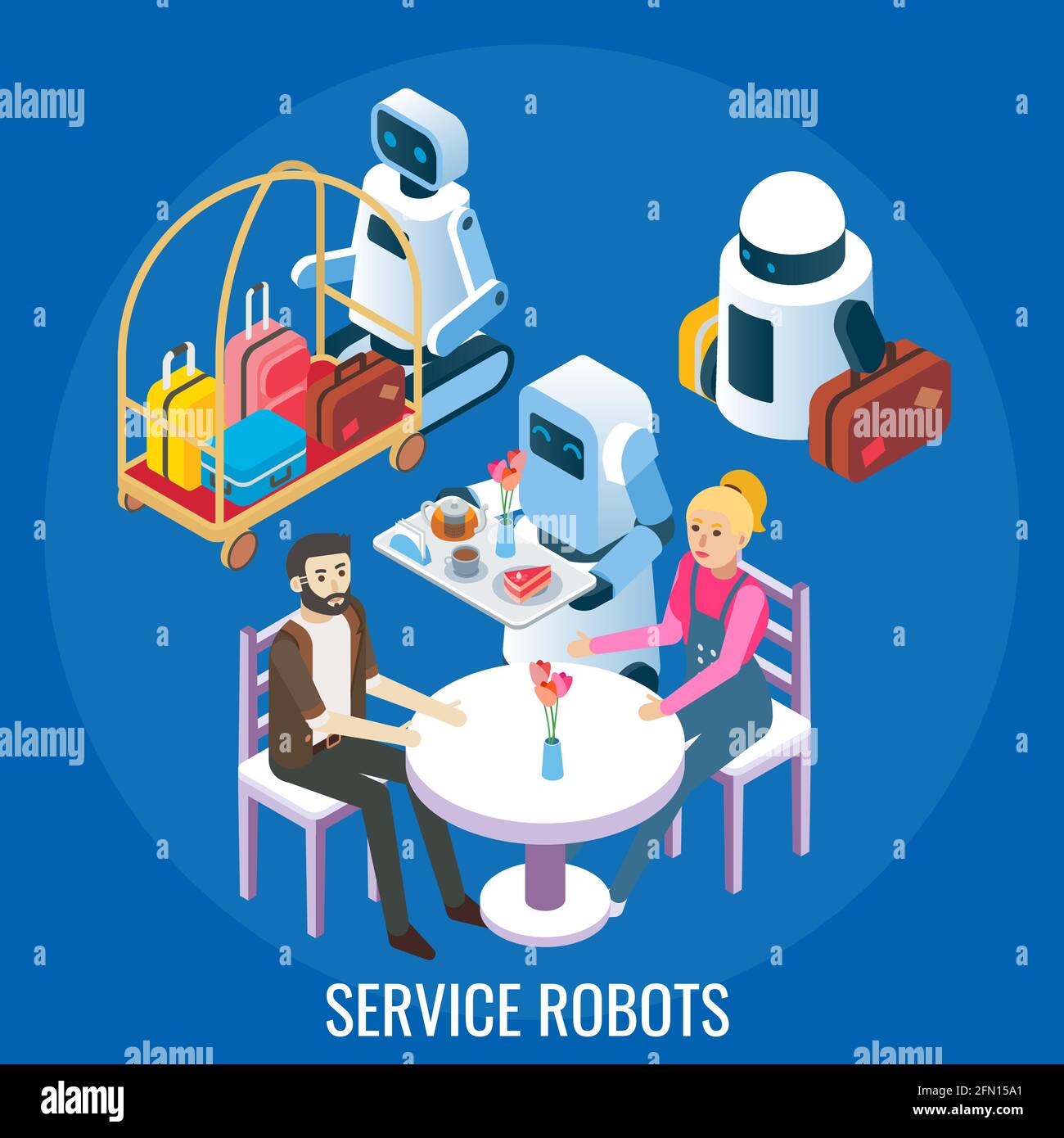 Hotel, restaurant service robots carrying luggage, serving people in ...