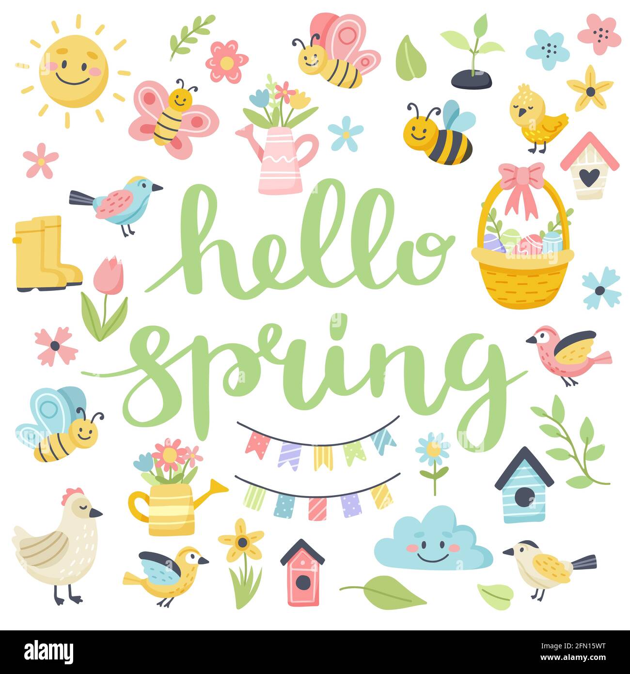 Hello spring lettering with cute birds, bees, flowers, butterflies ...