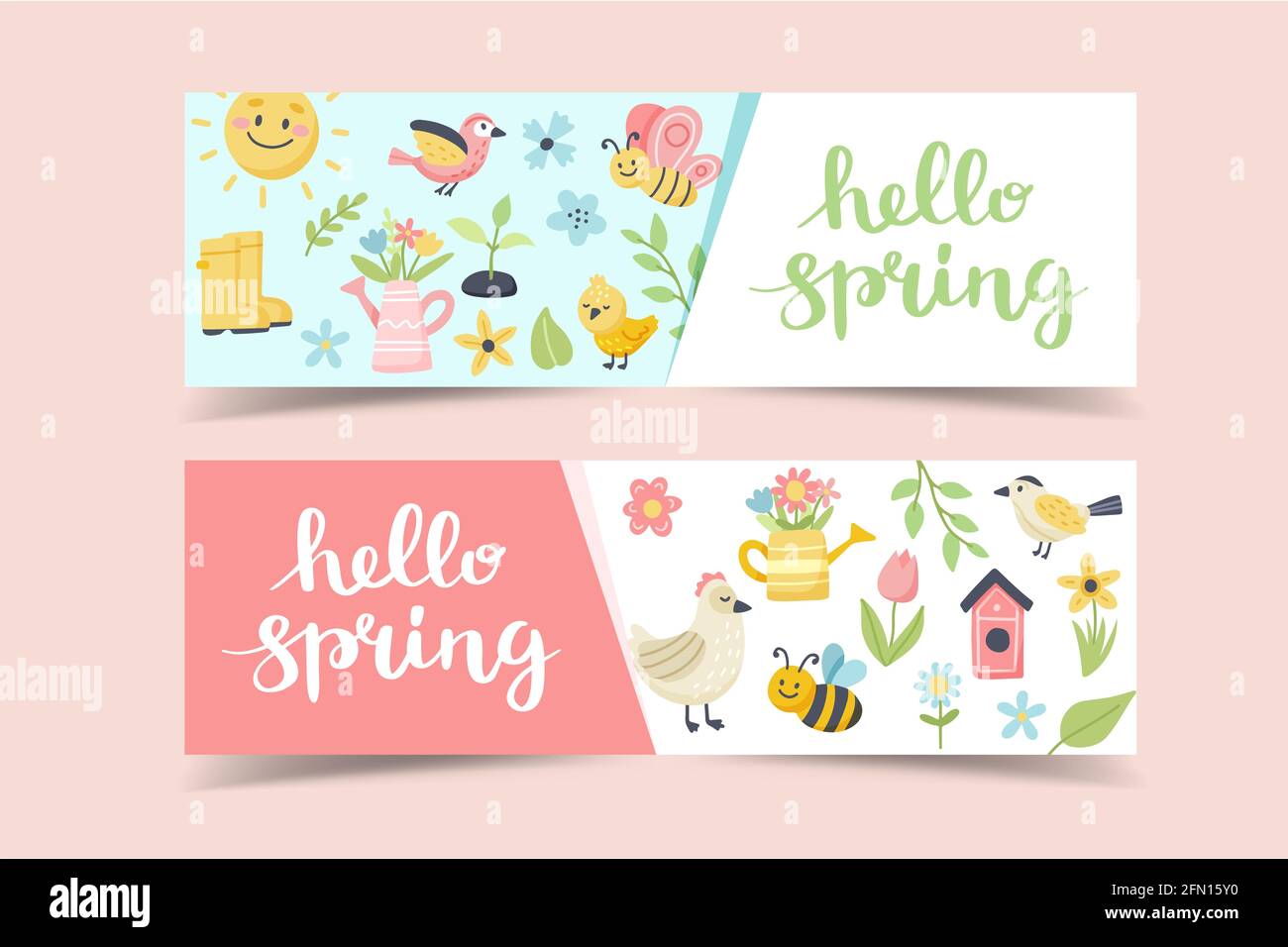 Hello Spring banners with lettering and cute birds, bees, butterflies ...