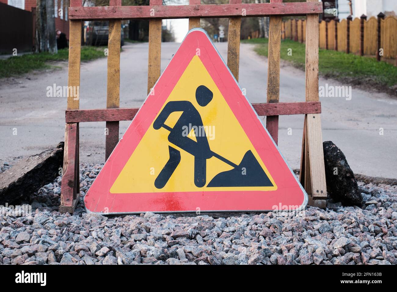 Road signs. Road works. Replacement of the road surface Stock Photo - Alamy