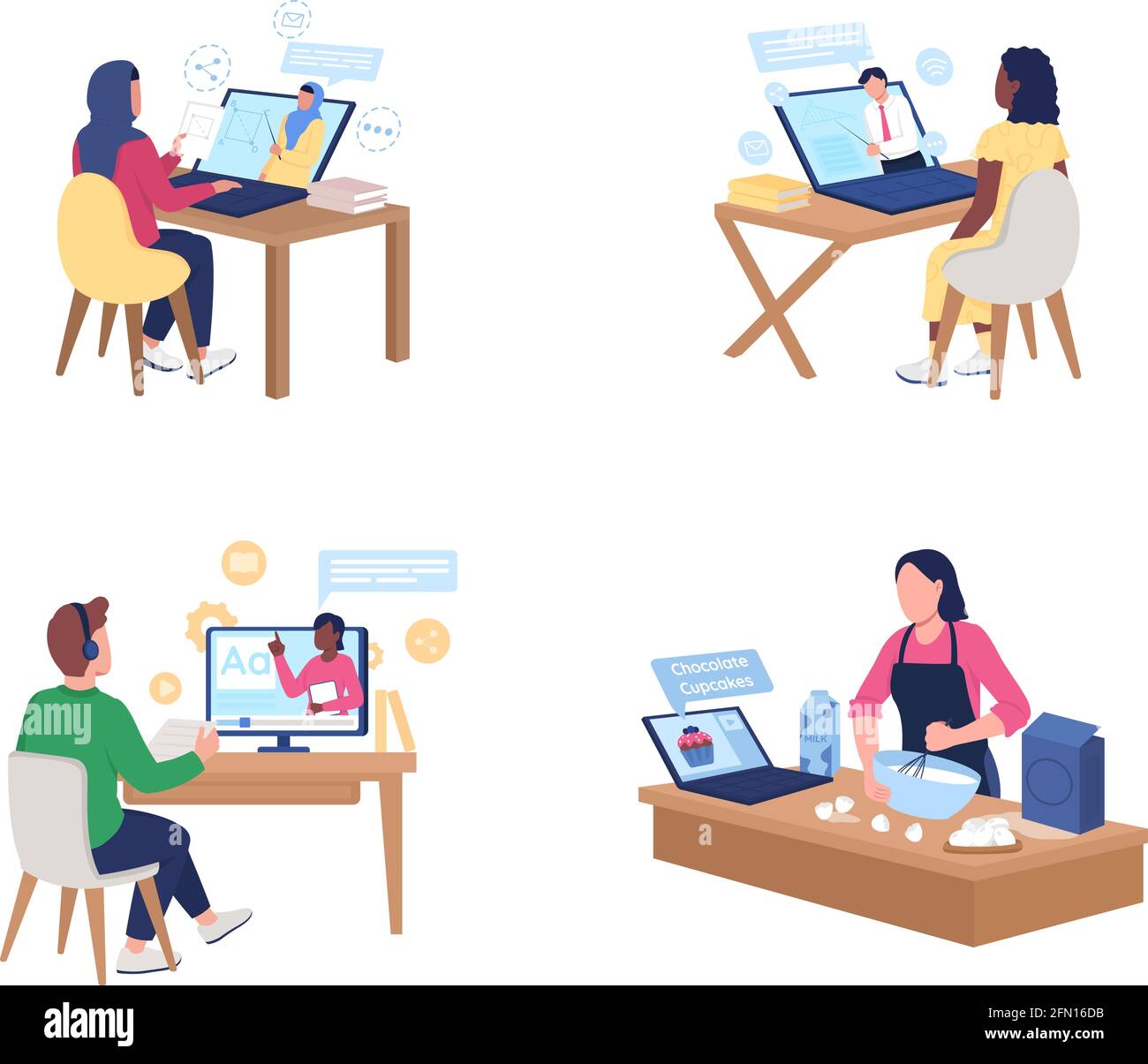 Watching online tutorials flat color vector faceless character set ... Watching online tutorials flat color vector faceless character set ...