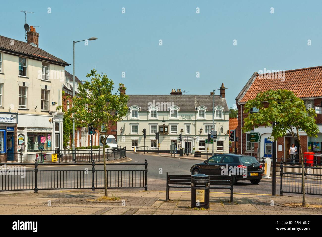 Street scene in summer in the market town of Swaffham, Norfolk, UK ...