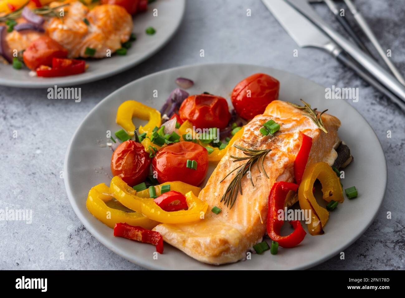 Baked red fish fillet Arctic char on a plates with vegetables close up ...
