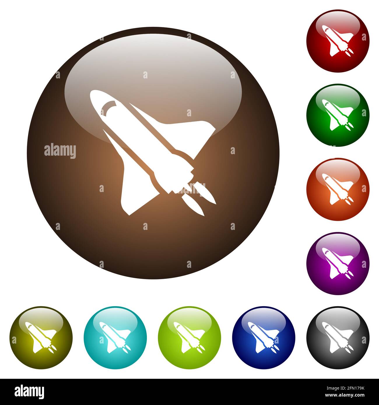Space shuttle with propulsion white icons on round glass buttons in ...