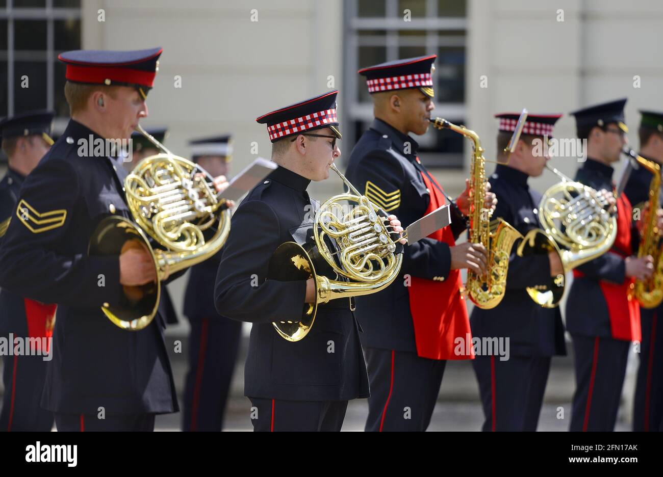 London, England, UK. Military band practising at Wellington Barracks ...