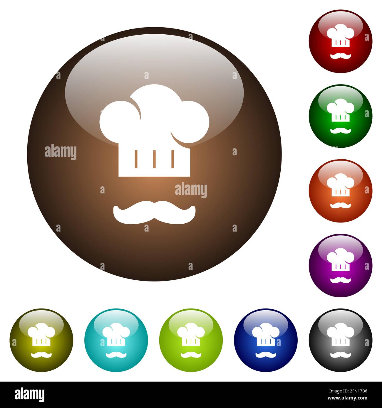 Chef hat and mustache white icons on round glass buttons in multiple ...