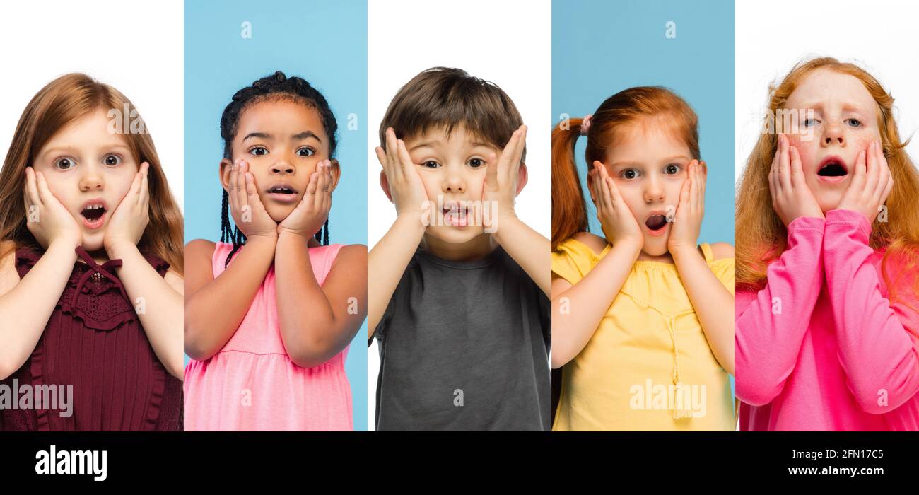 Art collage made of portraits of little and happy kids isolated on ...