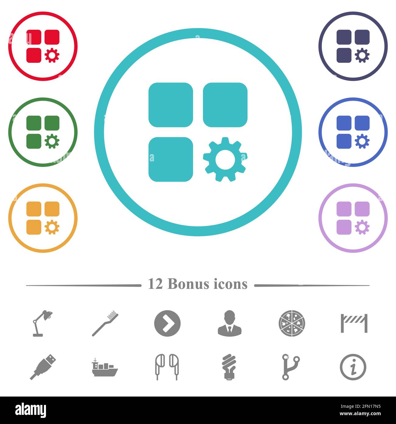 Component settings flat color icons in circle shape outlines. 12 bonus ...