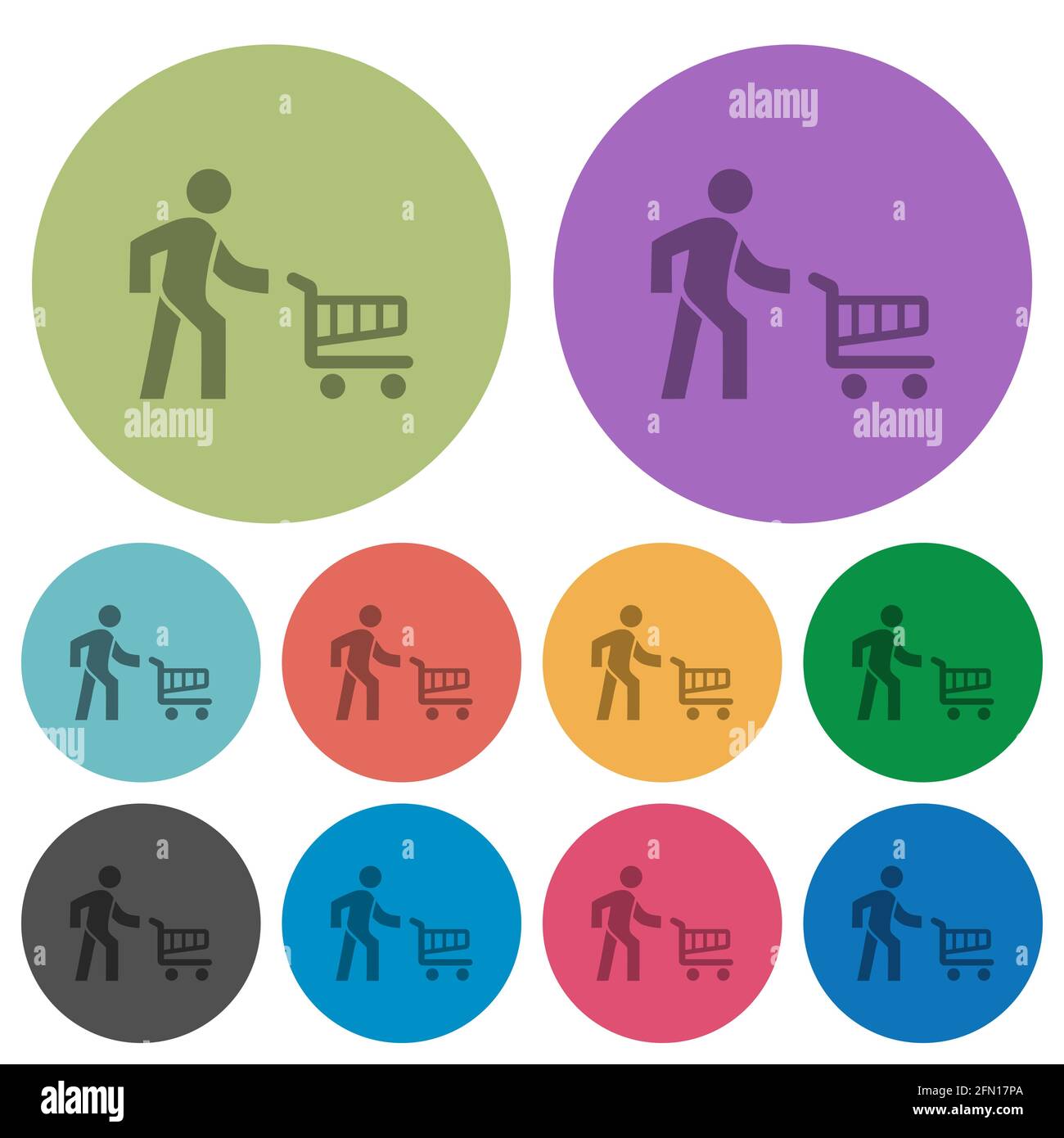 Shopping person with cart darker flat icons on color round background ...