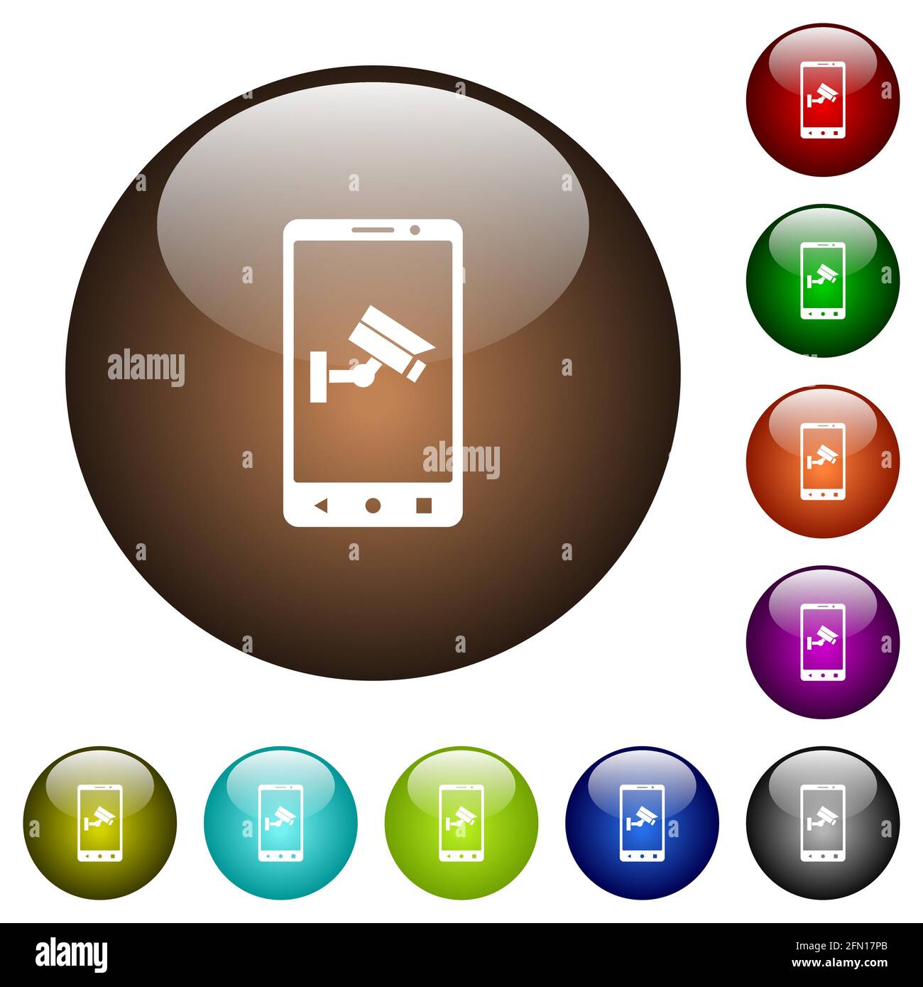 Remote surveillance white icons on round glass buttons in multiple ...