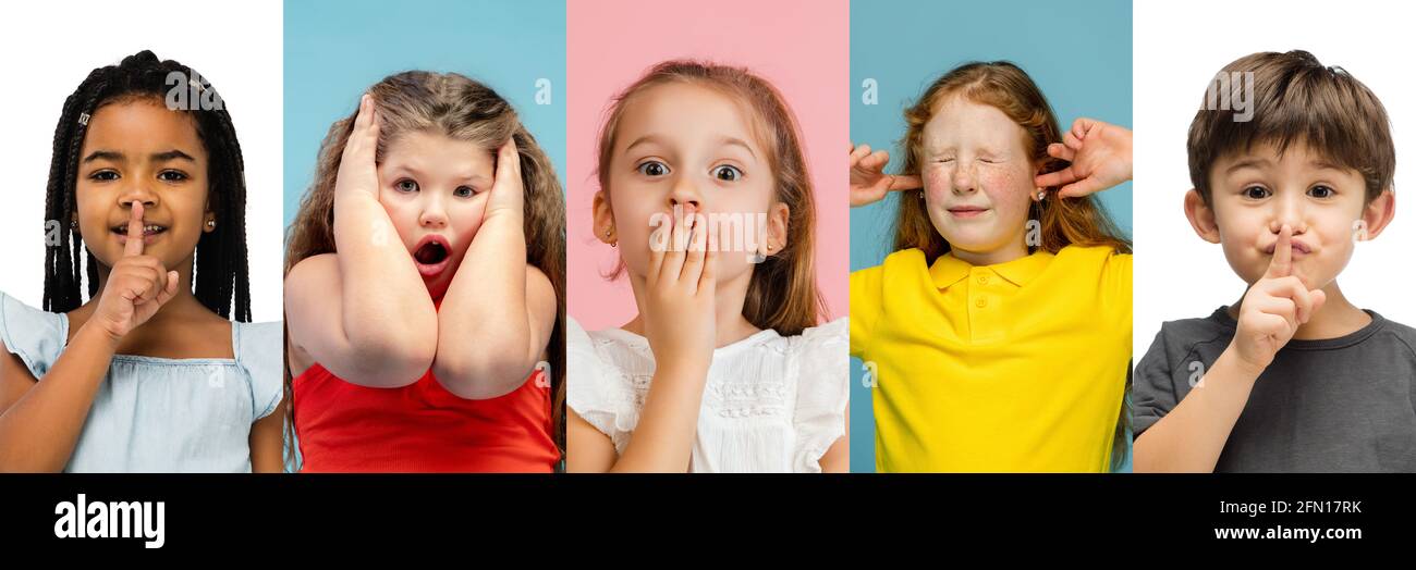 Art collage made of portraits of little and happy kids isolated on ...