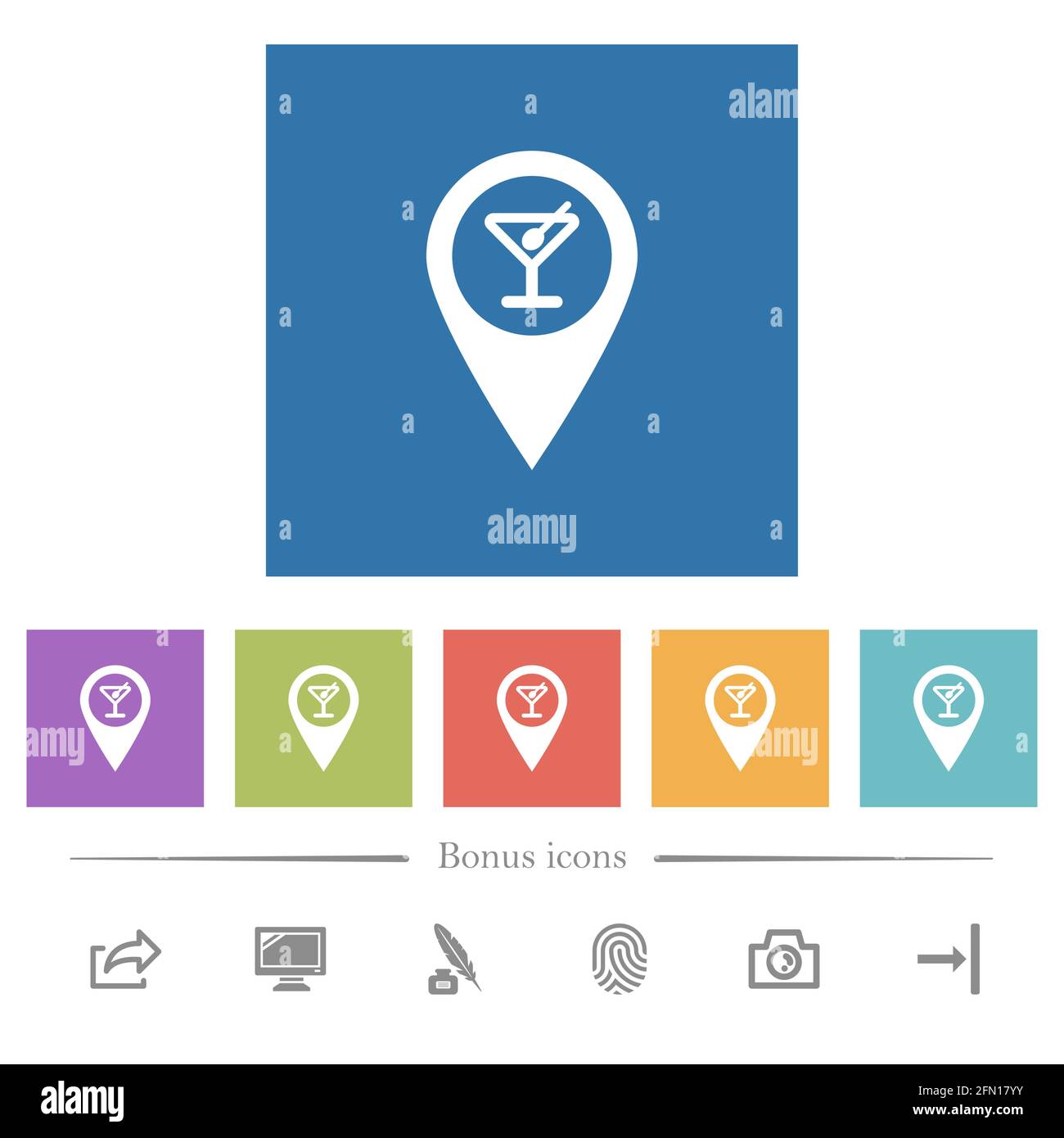 Cocktail bar GPS map location flat white icons in square backgrounds. 6 ...