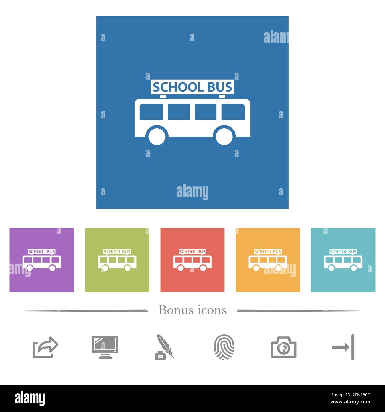 school bus side view flat white icons in square backgrounds. 6 bonus ...